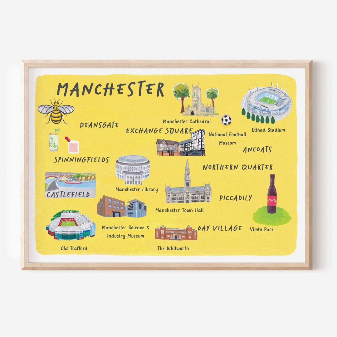 Illustrated Manchester Map, Manchester Print, Manchester Painting ...