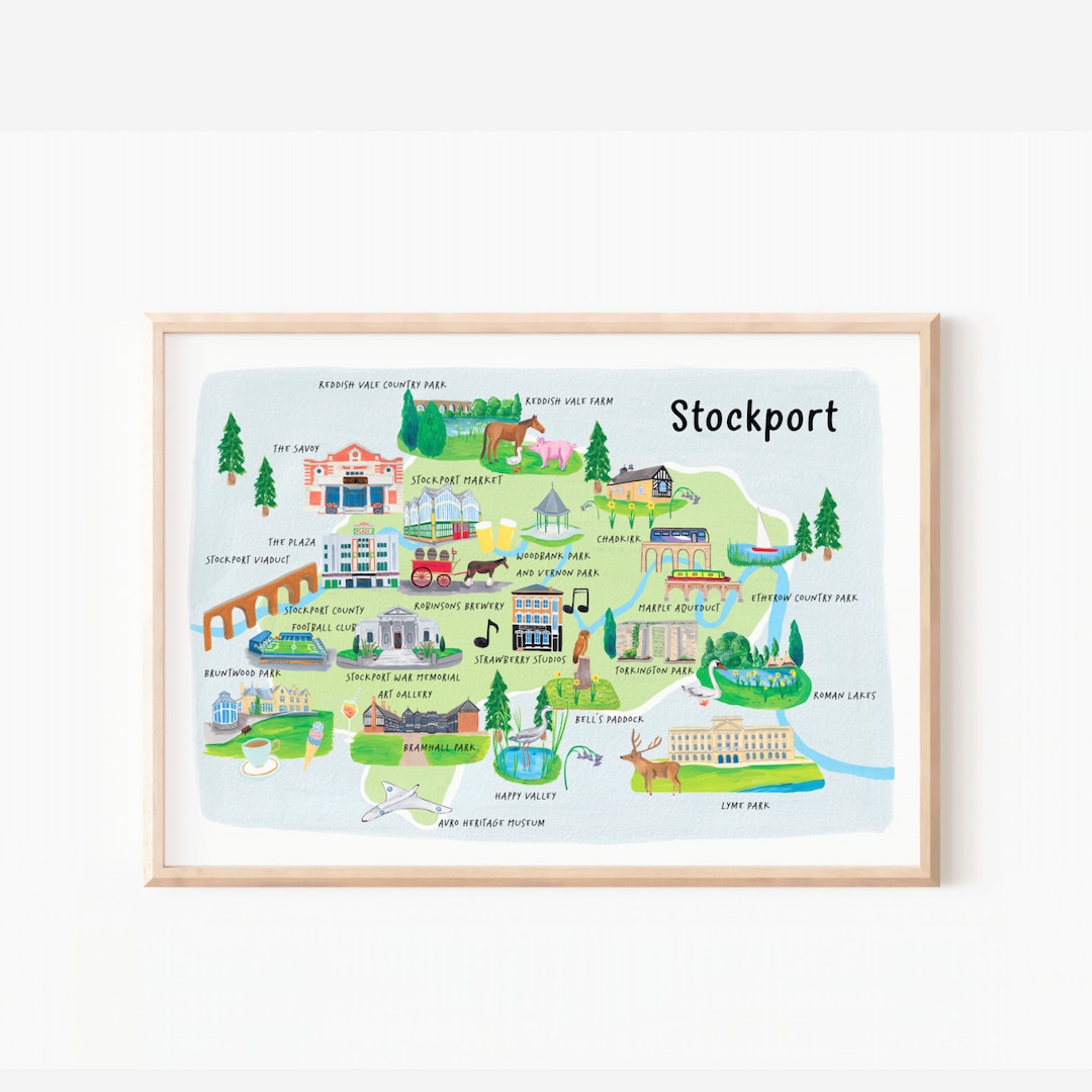 Illustrated Stockport Map, Stockport Print, Map of Stockport, Stockport ...