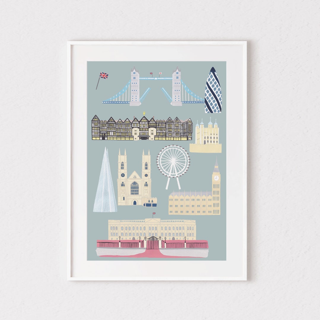 London Landmarks Print, London Print, Tower Bridge Print, Gouache ...