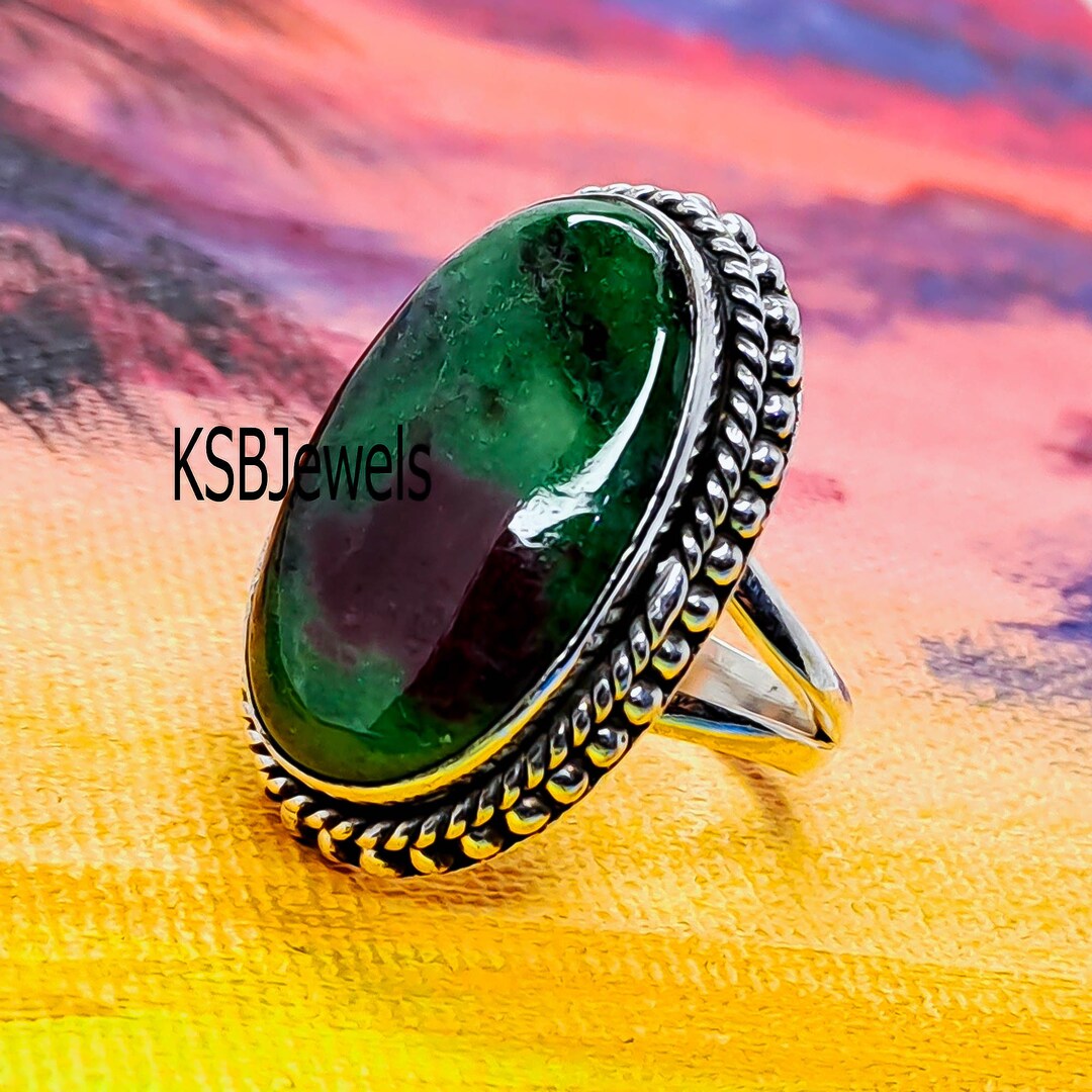 Ruby Zoisite Ring, 925 Sterling Silver Ring, Bohemian Ring, Handmade Ring, Oval Cabochon Ring ...