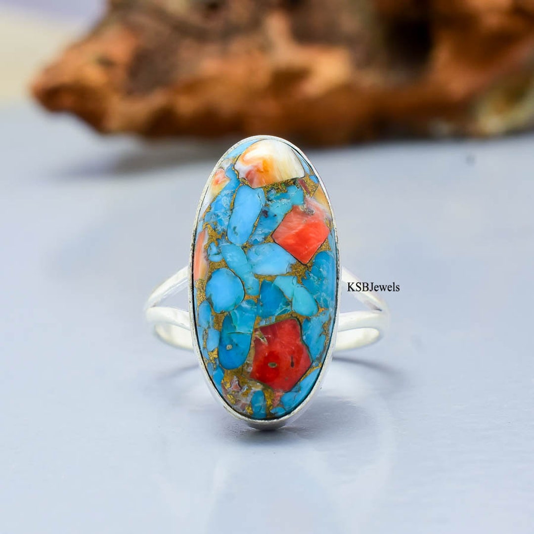 Genuine Oyster Turquoise Ring, 12x24mm Oval Ring, 925 Sterling Silver ...