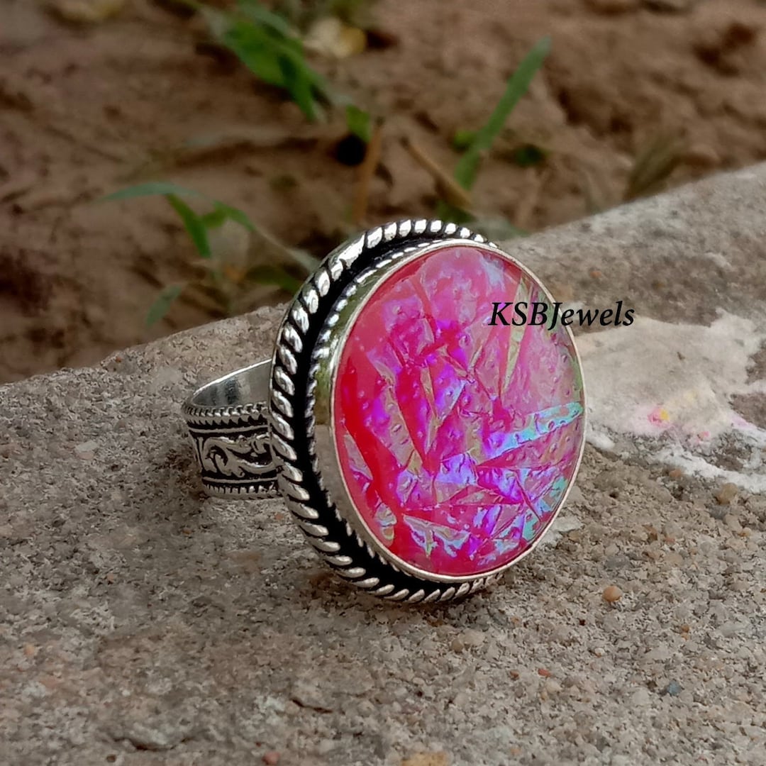 Australian Pink Fire Opal Ring: Handmade 925 Sterling Silver Boho Band ...