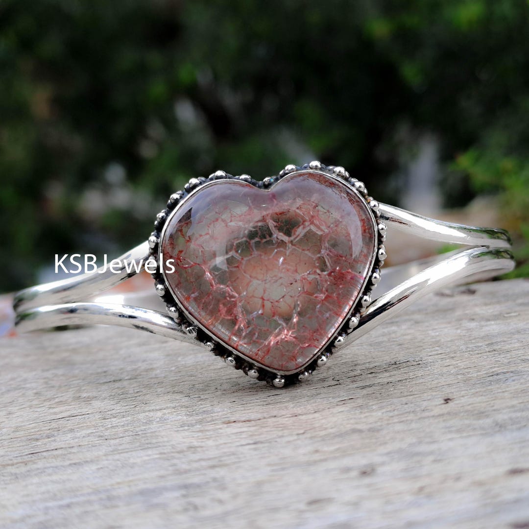 Red Crackle Quartz Heart Cuff Bracelet, Sterling Silver, Bohemian ...