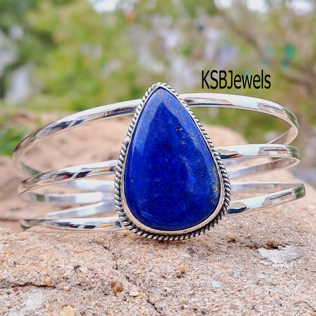 Natural Peacock Nack Lapis Lazuli Bangle, Adjustable Cuff Bracelet Jewelry, Pear Handmade ...