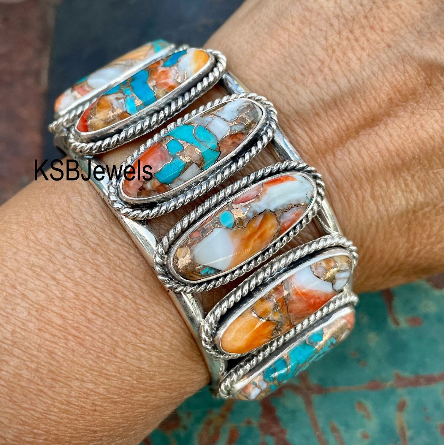 Seven Stone Spiny Oyster Copper Turquoise Cuff Bracelet - Etsy
