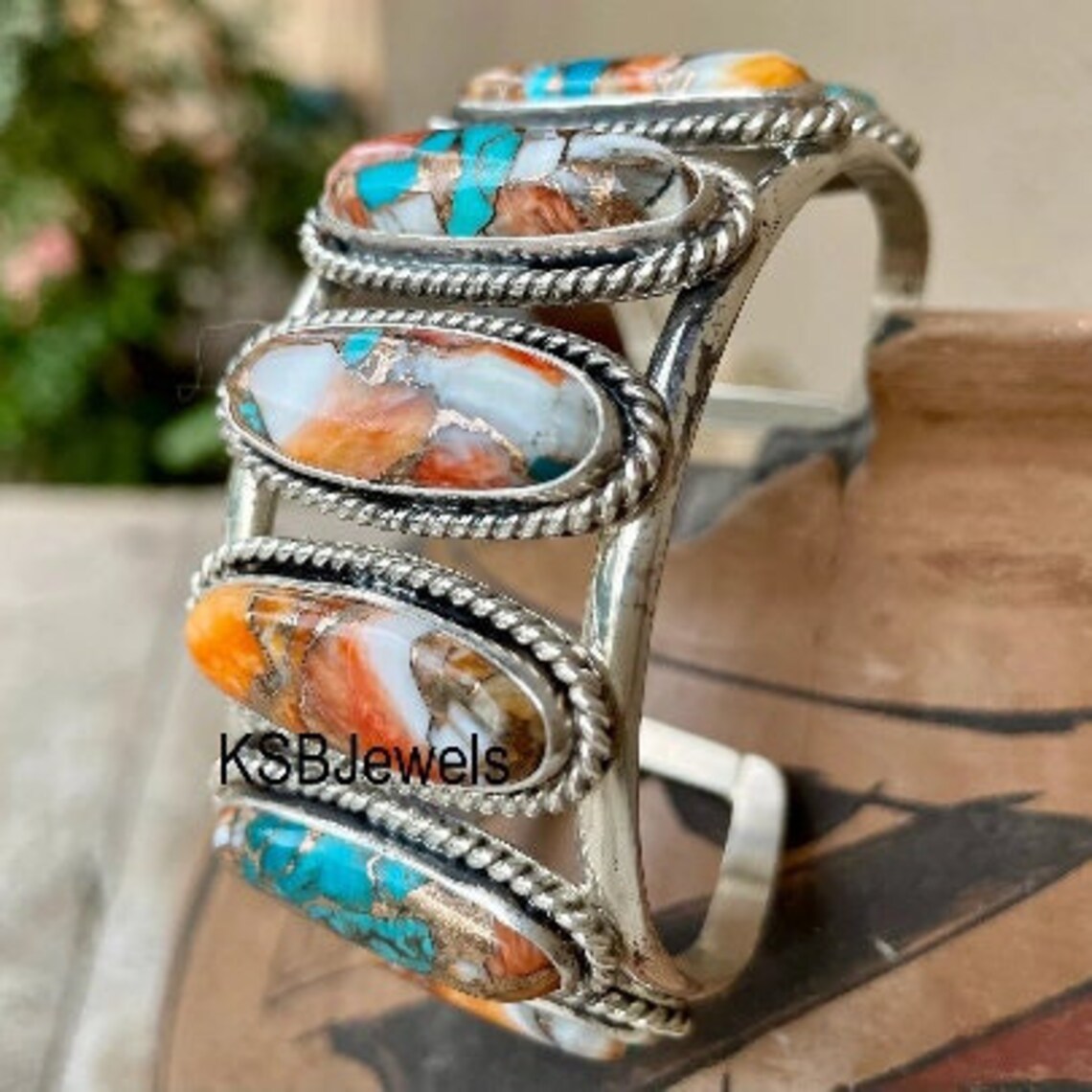 Seven Stone Spiny Oyster Copper Turquoise Cuff Bracelet - Etsy