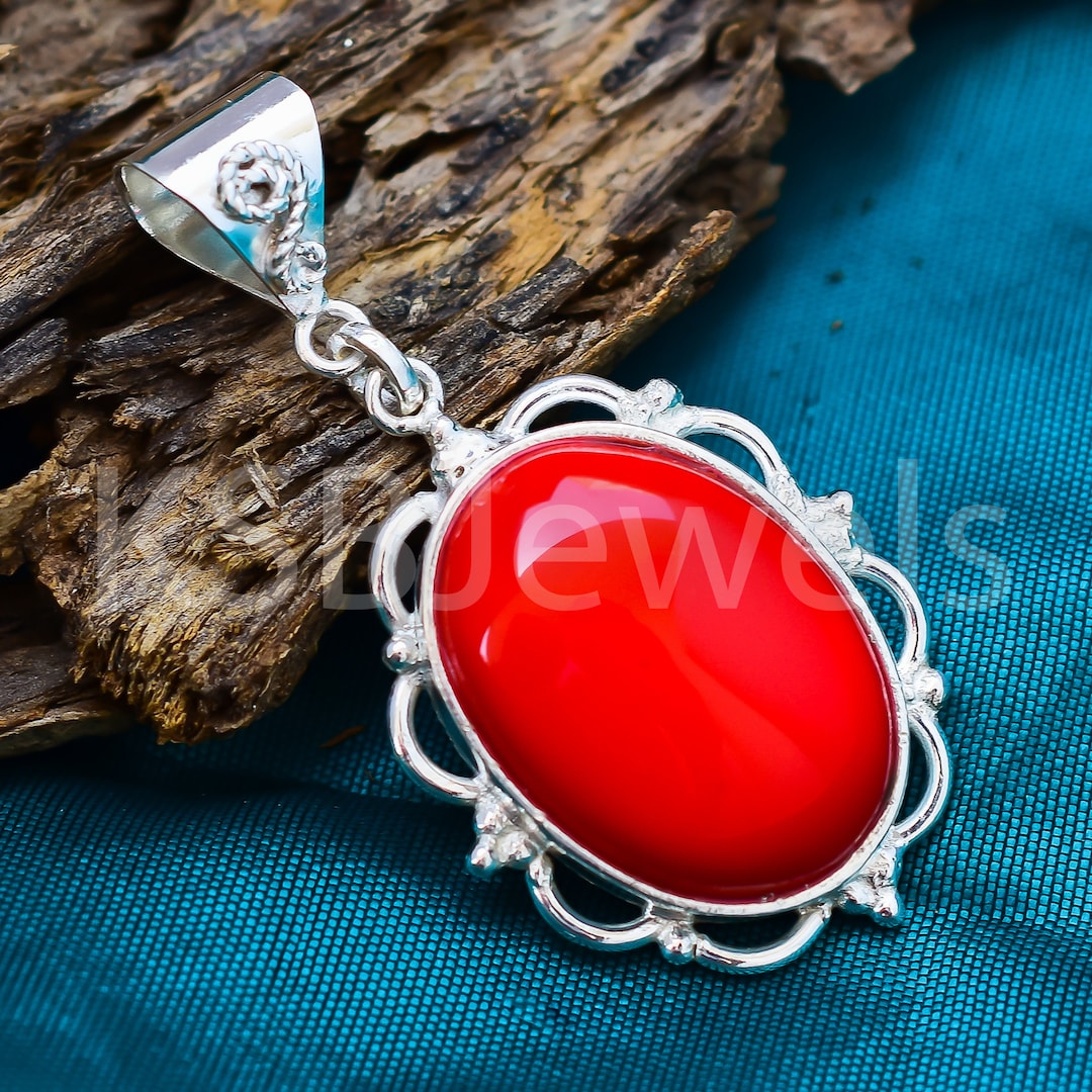 Natural Red Coral Pendant, 925 Silver Jewelry, Handmade Pendant, April ...