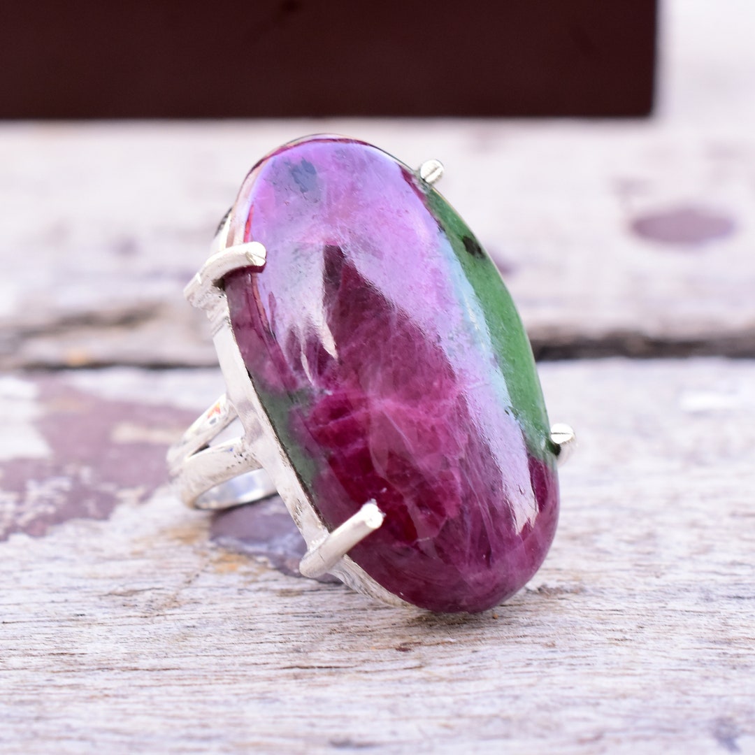 Ruby Zoisite Gemstone Ring, Natural Gemstone Ring, 925 Sterling Silver, Oval Cabochon Ring ...