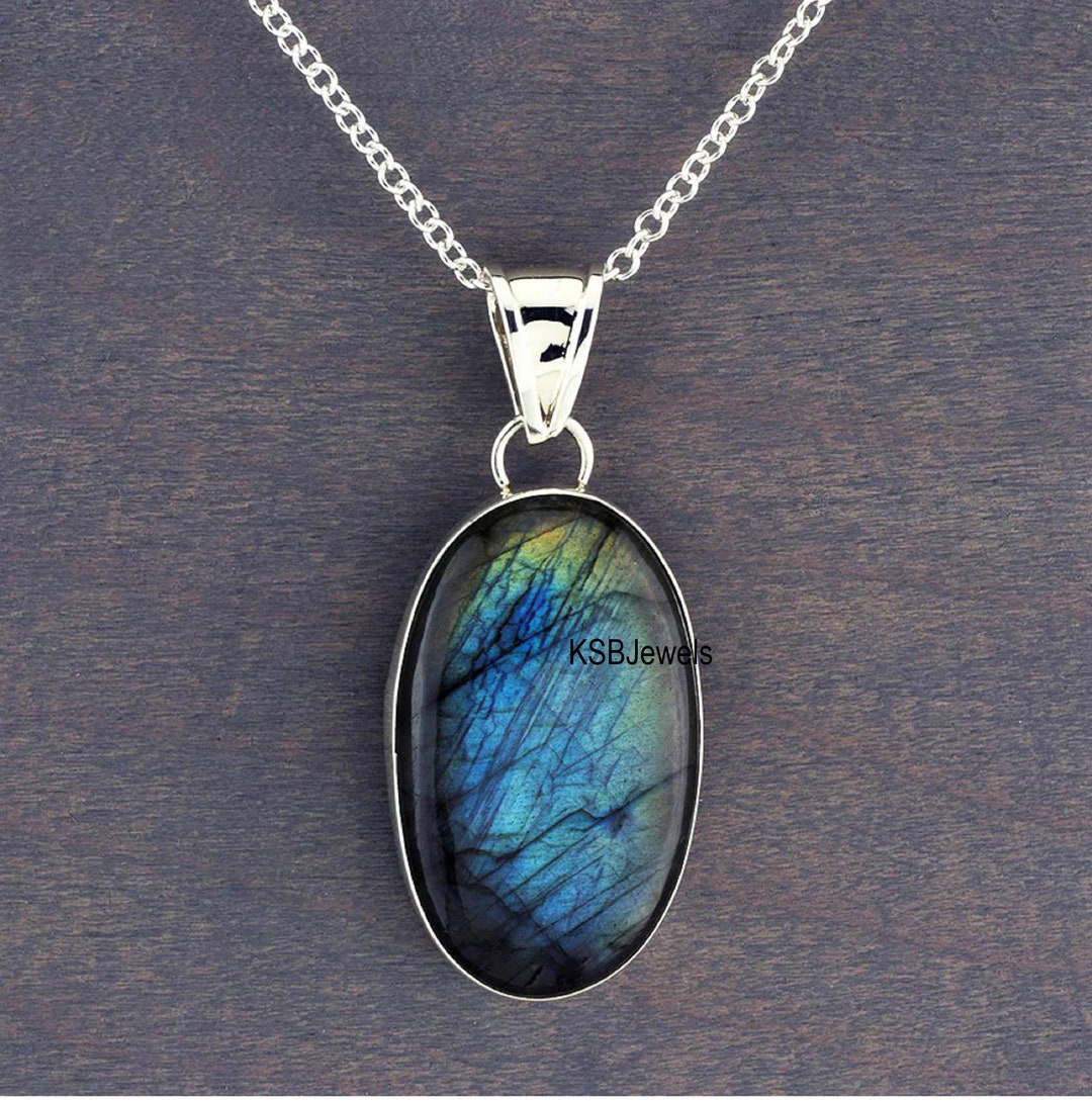 BIG Golden-blue Fire Labradorite Gemstone, 925 Sterling Silver Oval ...