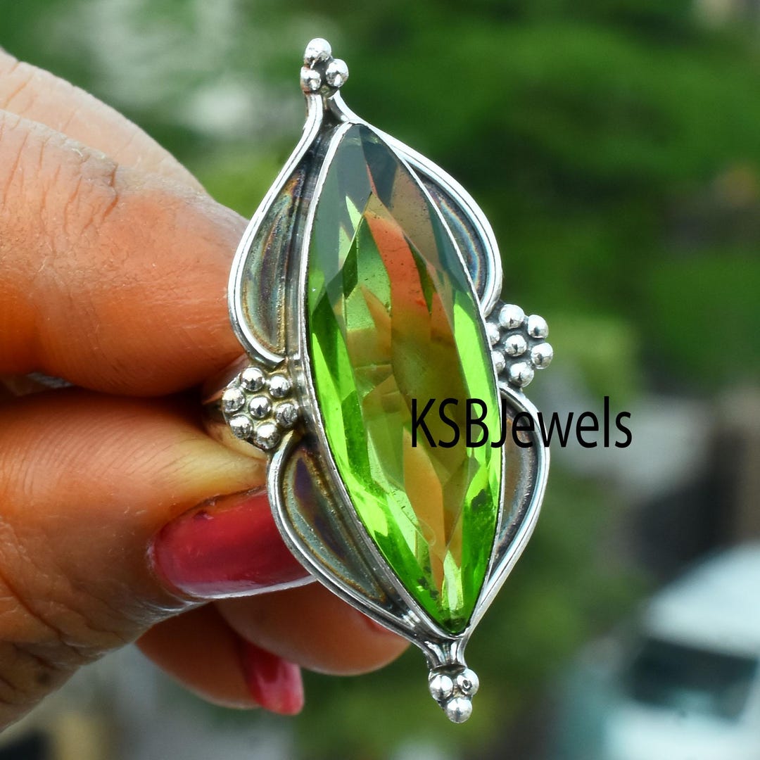Elegant Marquise Cut Peridot Ring, Sterling Silver Statement Jewelry ...