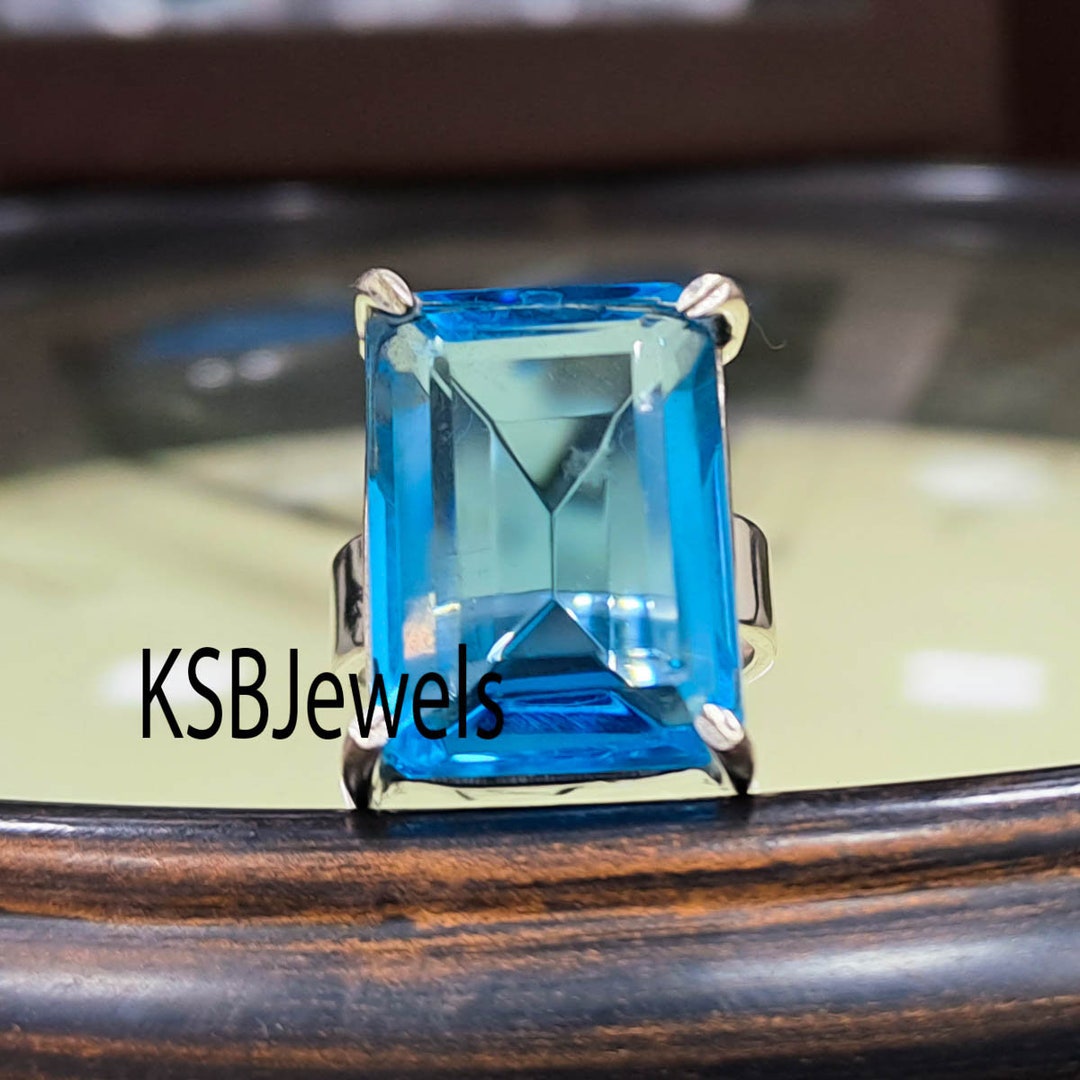 Emerald Cut Blue Topaz Ring, Handmade Ring, 925 Sterling Silver Ring ...