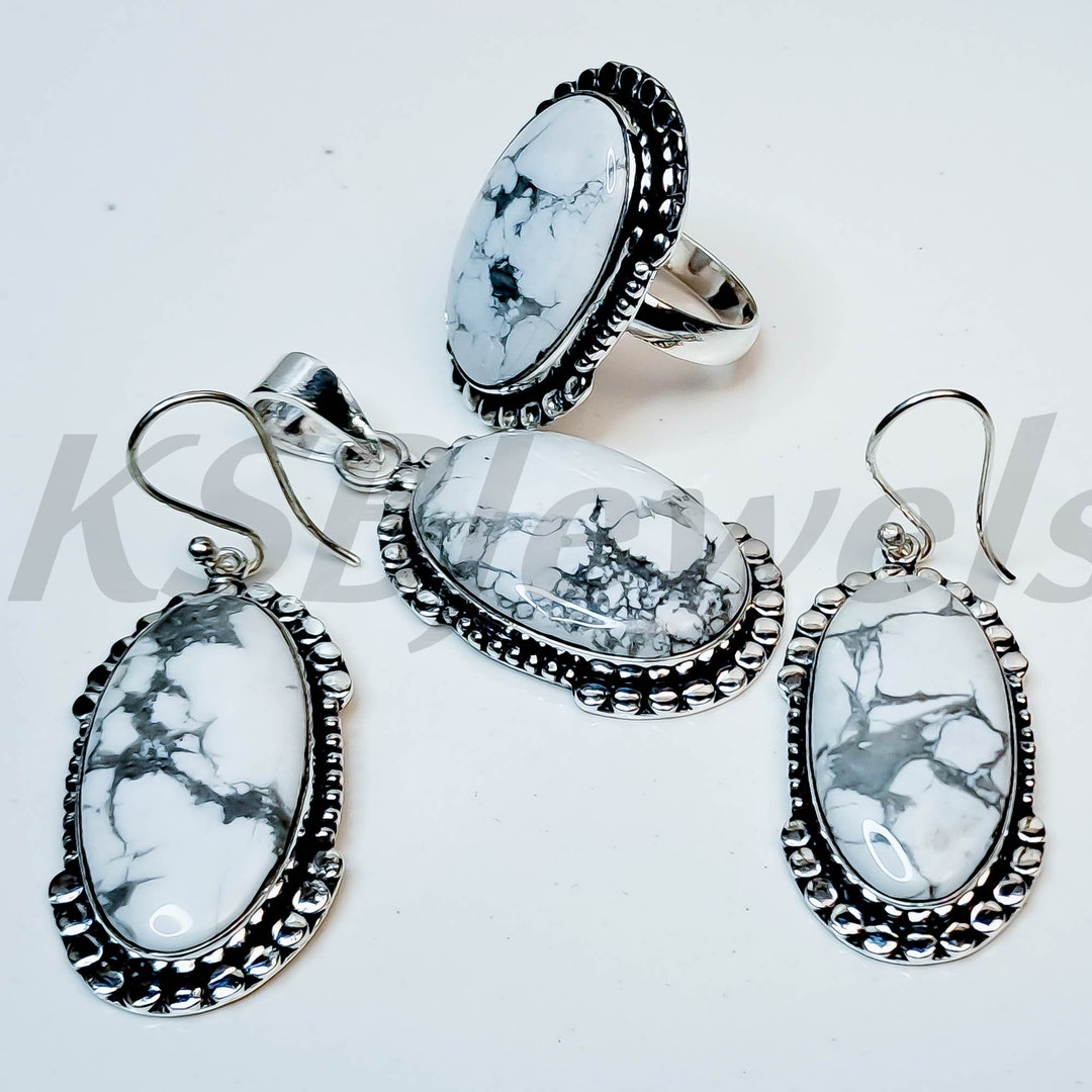 Natural Howlite Jewelry Set, Handmade Women Jewelry Set, Gemstone Ring ...