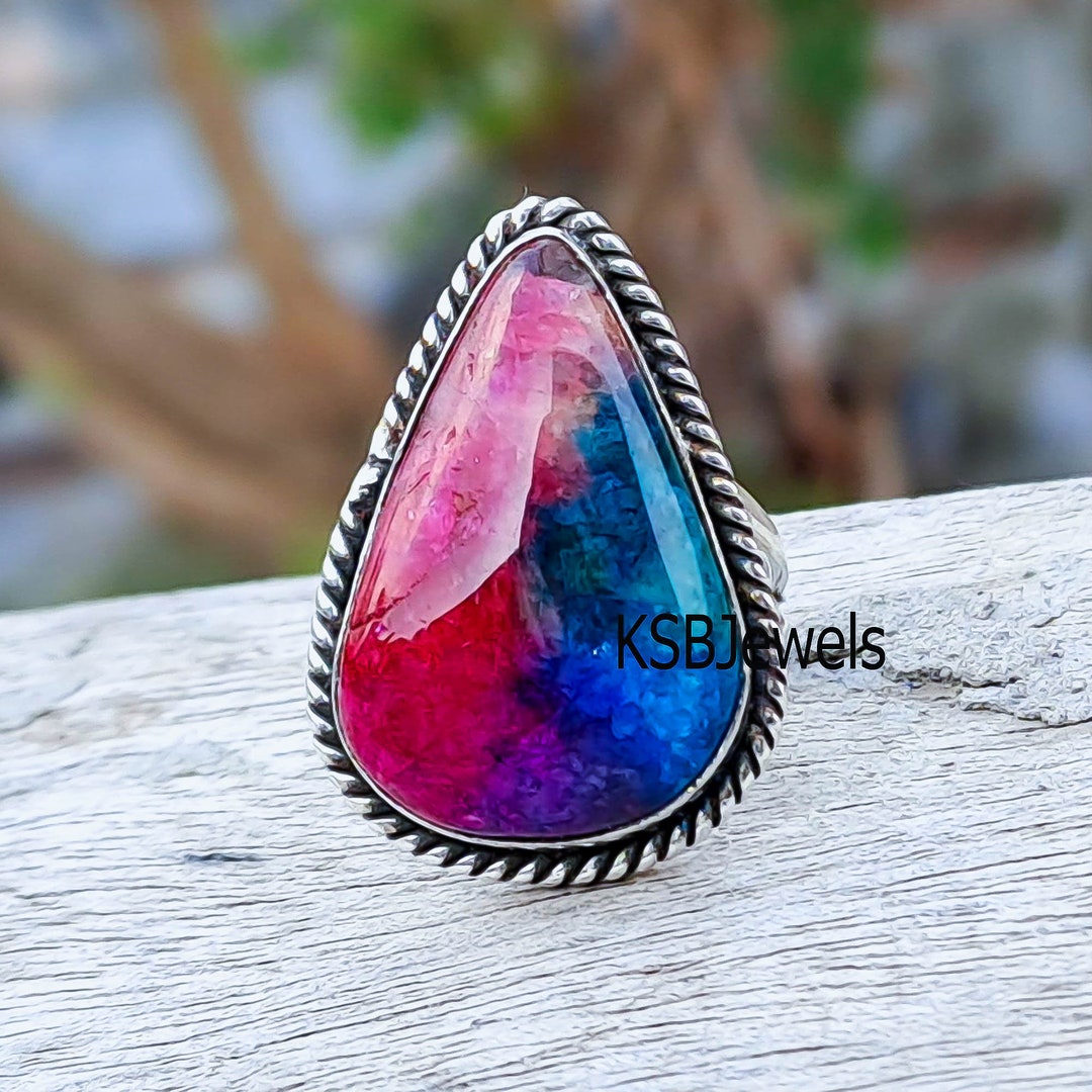 Natural Rainbow Quartz Ring, Pear Cut Gemstone Ring, 925 Sterling ...