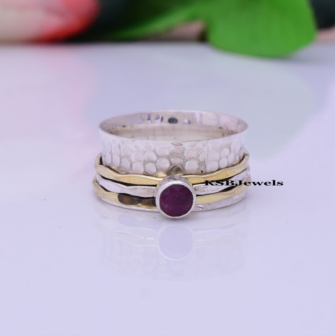 Handmade Ruby Spinner Ring: Hammered Sterling Silver Anxiety Ring - Etsy