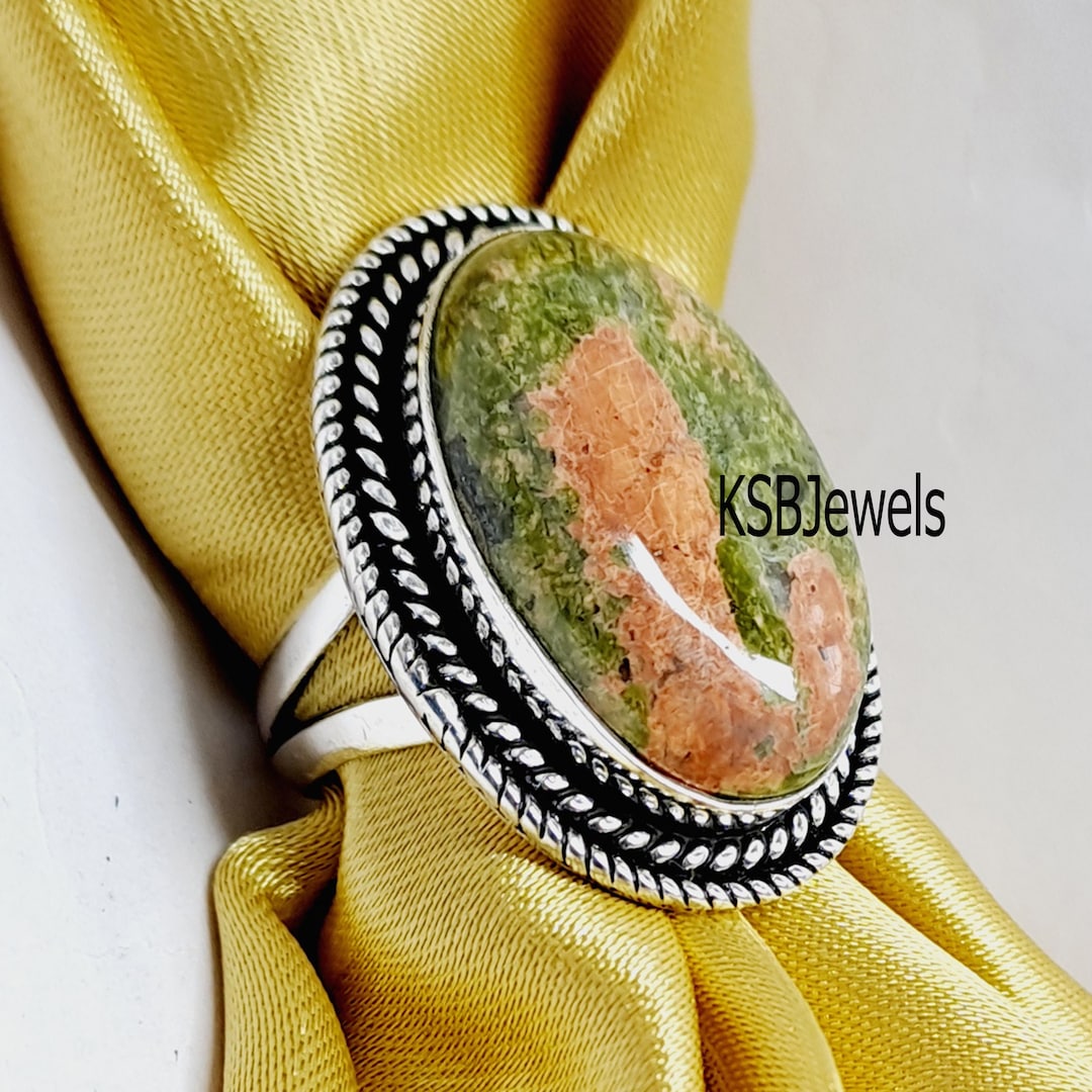 Natural Unakite Ring, 925 Sterling Silver Jewelry, Boho Oval Gemstone ...