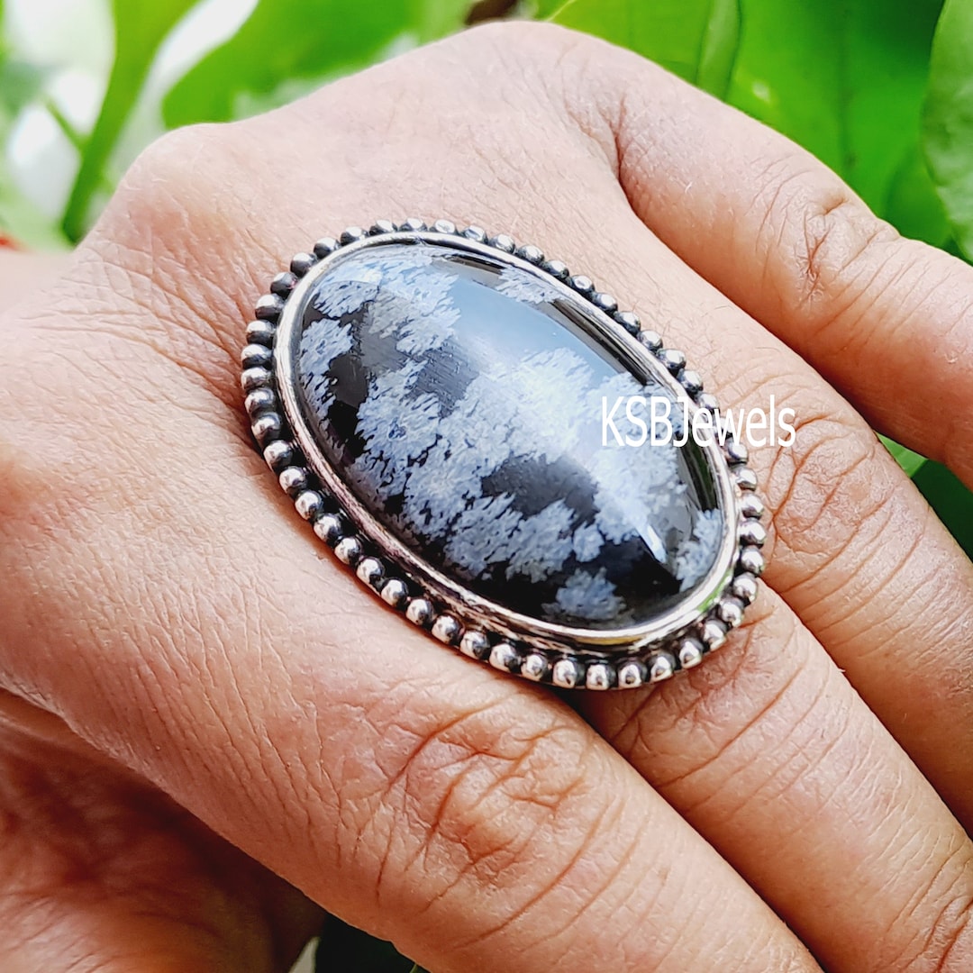Large Snowflake Obsidian Ring: Oval Cabochon, 925 Sterling Silver Boho ...