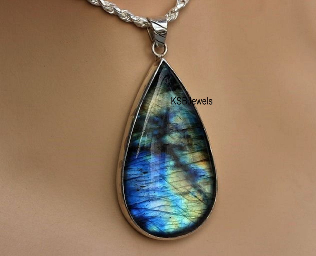 Golden-blue Fire Labradorite Pendant: Handmade 925 Sterling Silver Pear ...