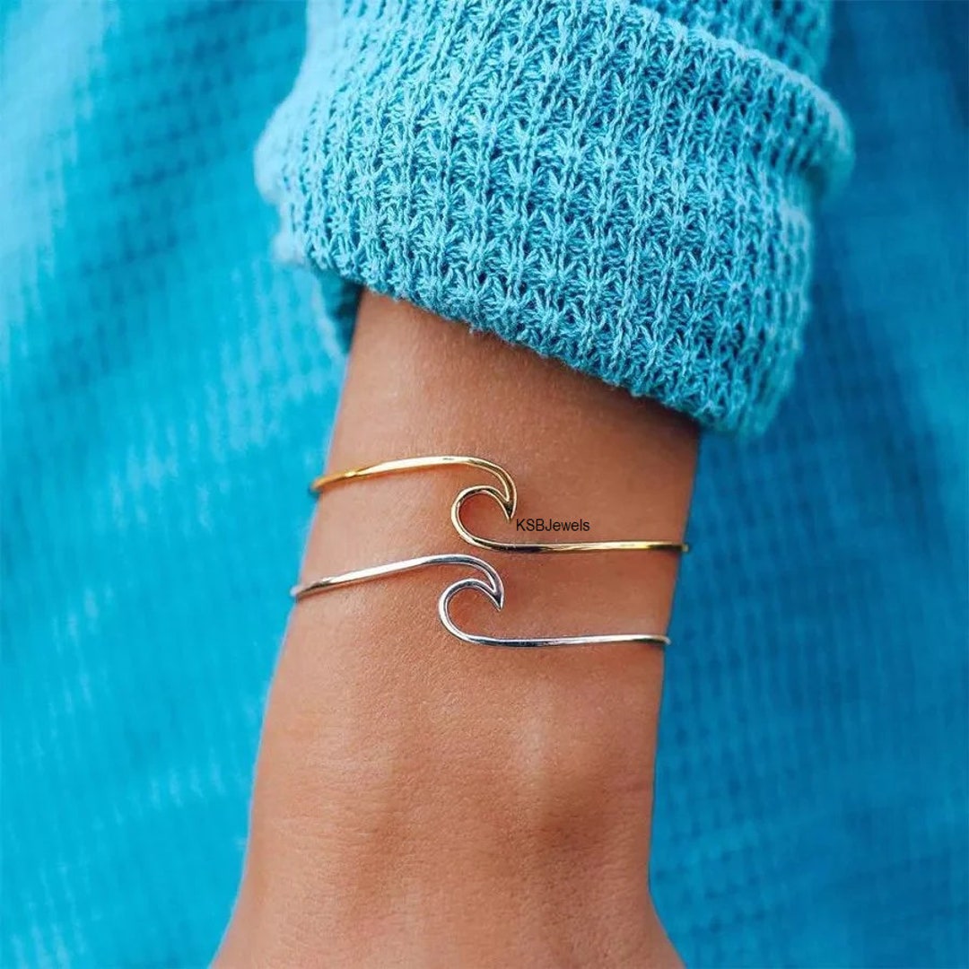 Sterling Silver Wave Cuff Bangle: Adjustable Beach Bracelet - Etsy