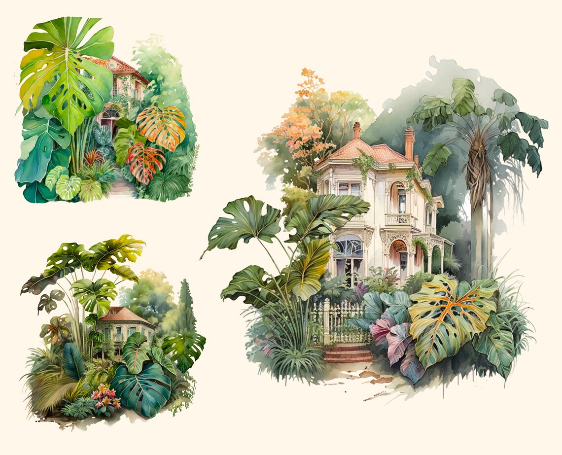 House Overgrown With Monstera Clipart Watercolor Home Flowers - Etsy