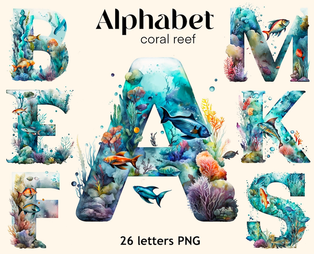 Alphabet Coral Reef, Ocean, Underwater World Watercolor Png, 26 Floral ...