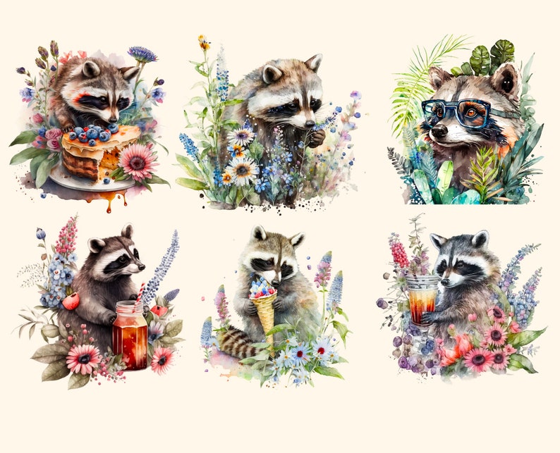 Watercolor Raccoons Clipart Png Cute Raccoon Digital Print - Etsy