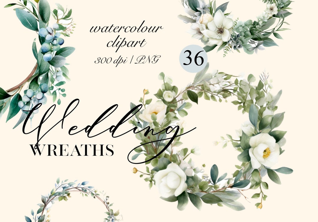 Wedding Wreaths Clipart Watercolor, Digital Print, Wedding Illustration ...