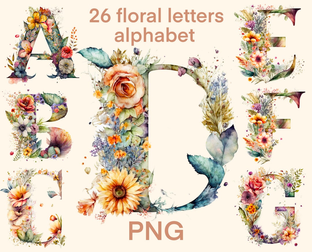 Alphabet Watercolor Png, 26 Floral Letters Clipart, Digital Print ...
