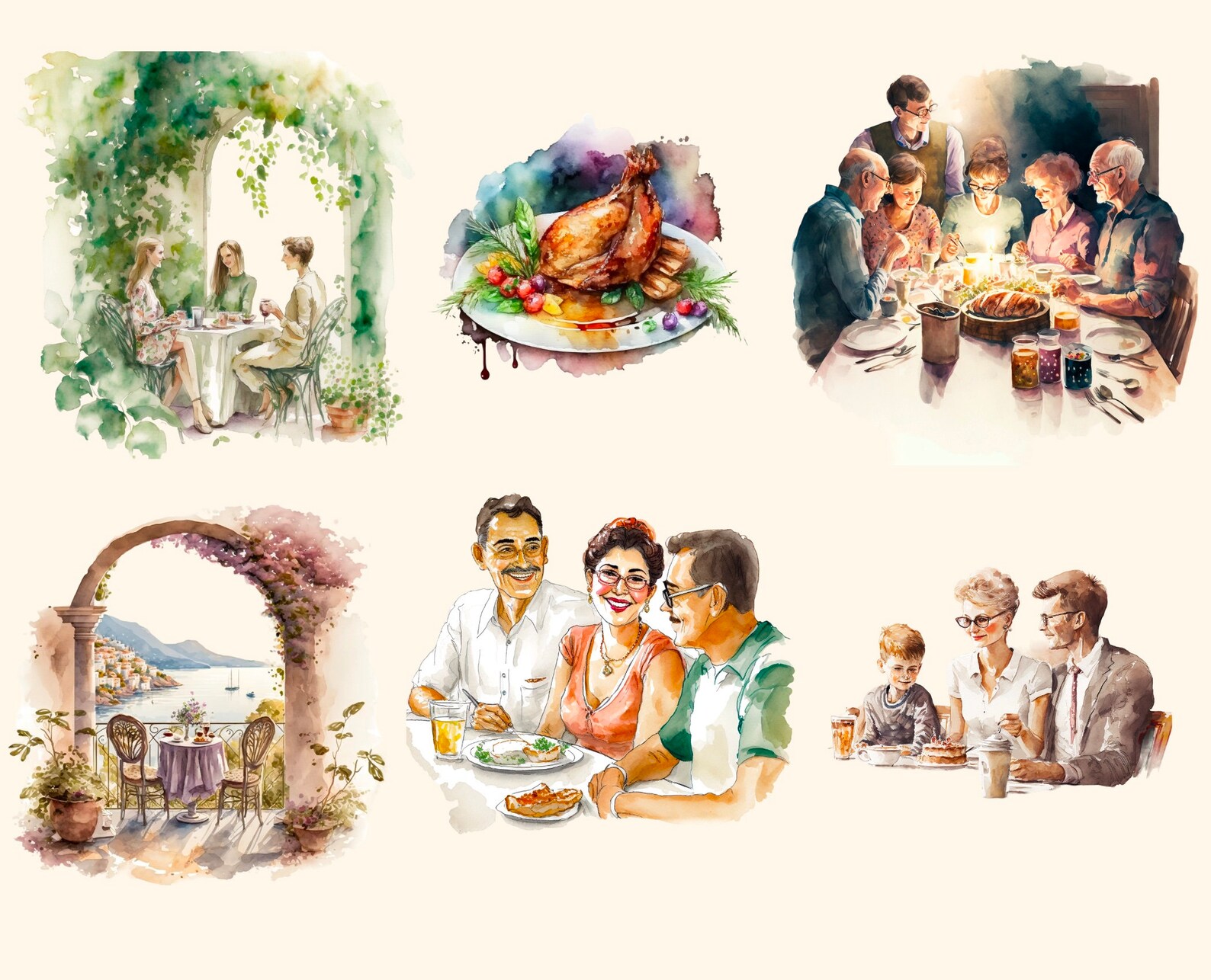 Feast Clipart Watercolor, Digital Print, Family Illustration Set ...