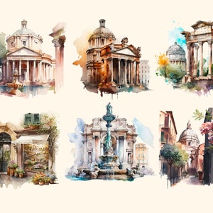 Rome Watercolor Clipart, Italy Digital Print, Coliseum Illustration Set ...
