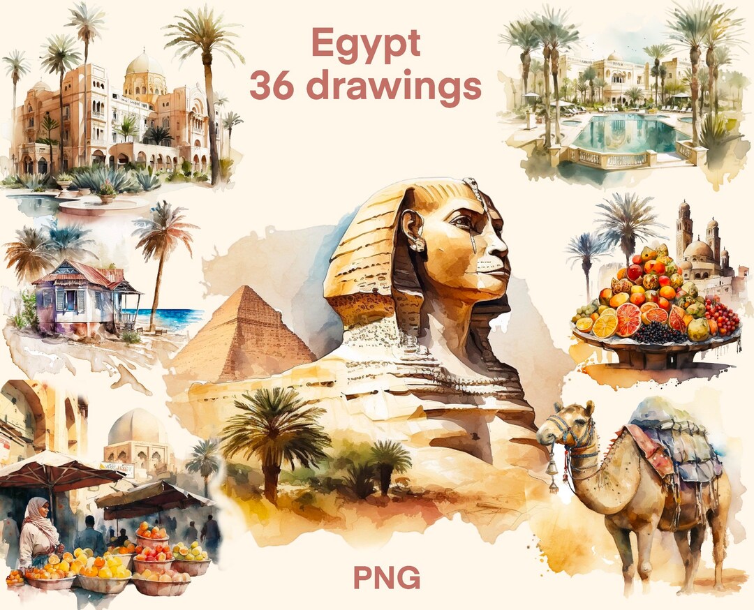 Egypt Watercolor Clipart, Sphinx and Pyramids Digital Print ...
