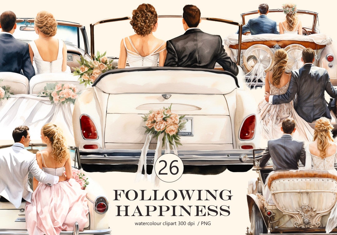 Wedding Car Clipart Watercolor, Honeymoon Digital Print, Bride and ...