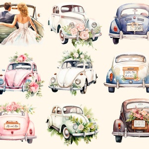 Wedding Car Clipart Watercolor, Honeymoon Digital Print, Bride and ...