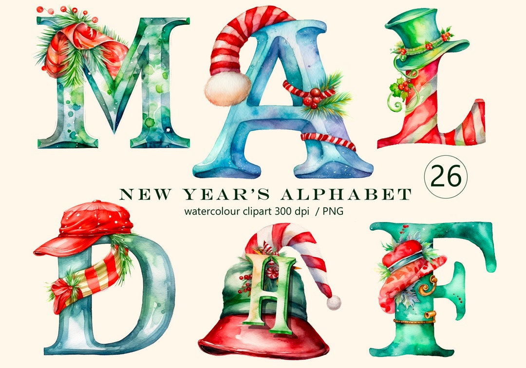 New Year's Alphabet Watercolor Clipart, 26 Floral Letters, Christmas ...