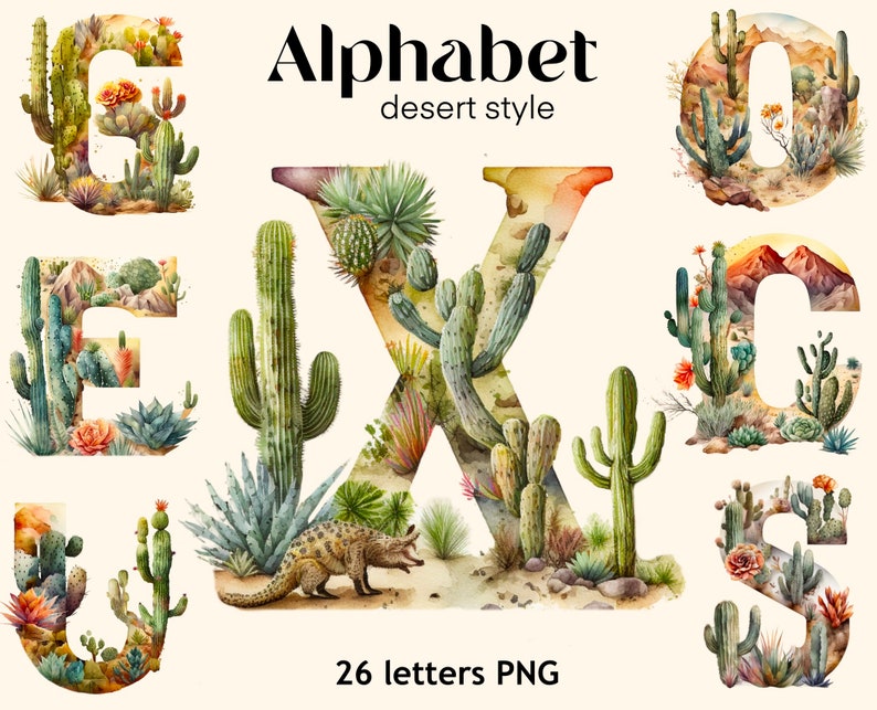 Alphabet Desert Style Watercolor Png 26 Floral Letters Baby - Etsy