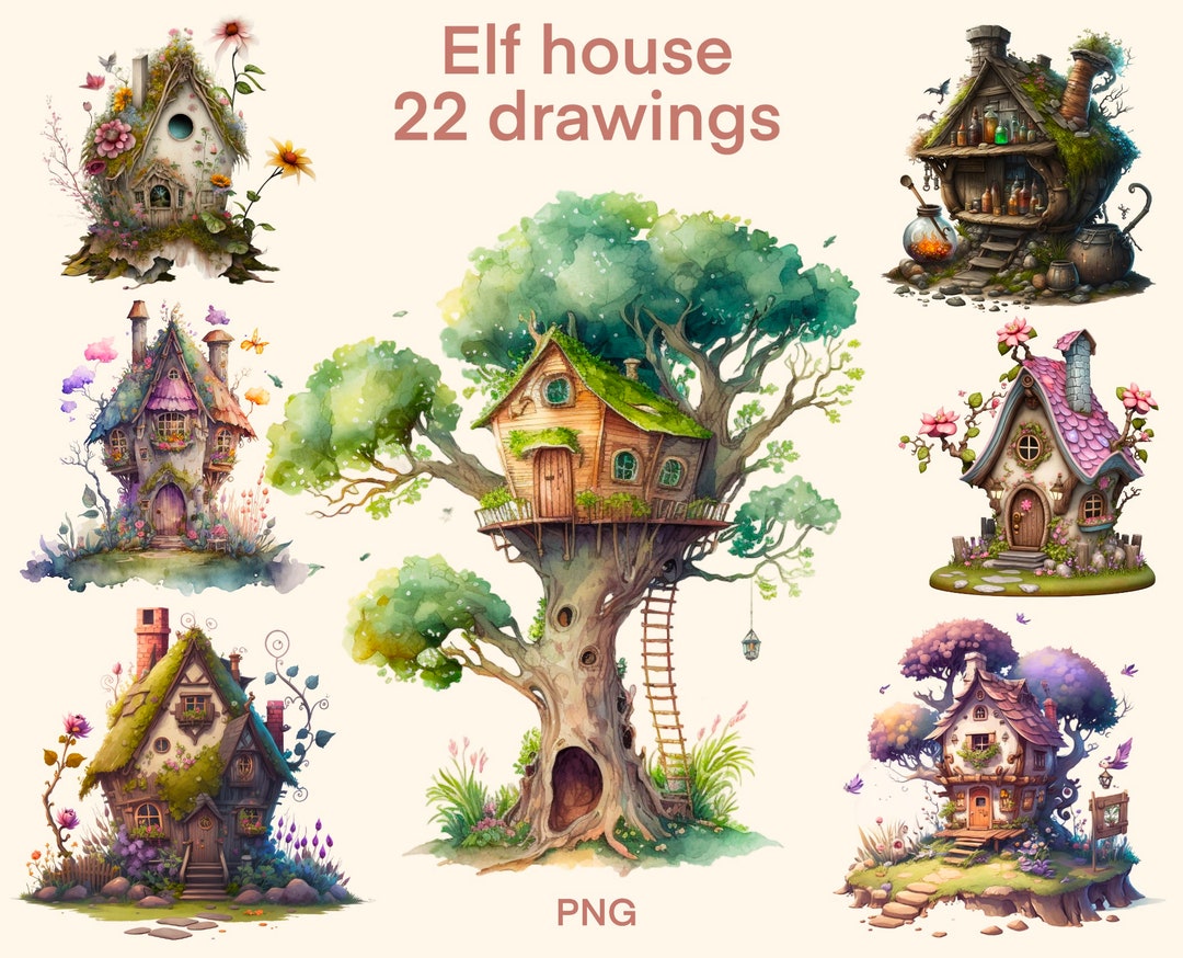 Elf House, A House on a Tree Clipart Watercolor, Fairy House Digital ...