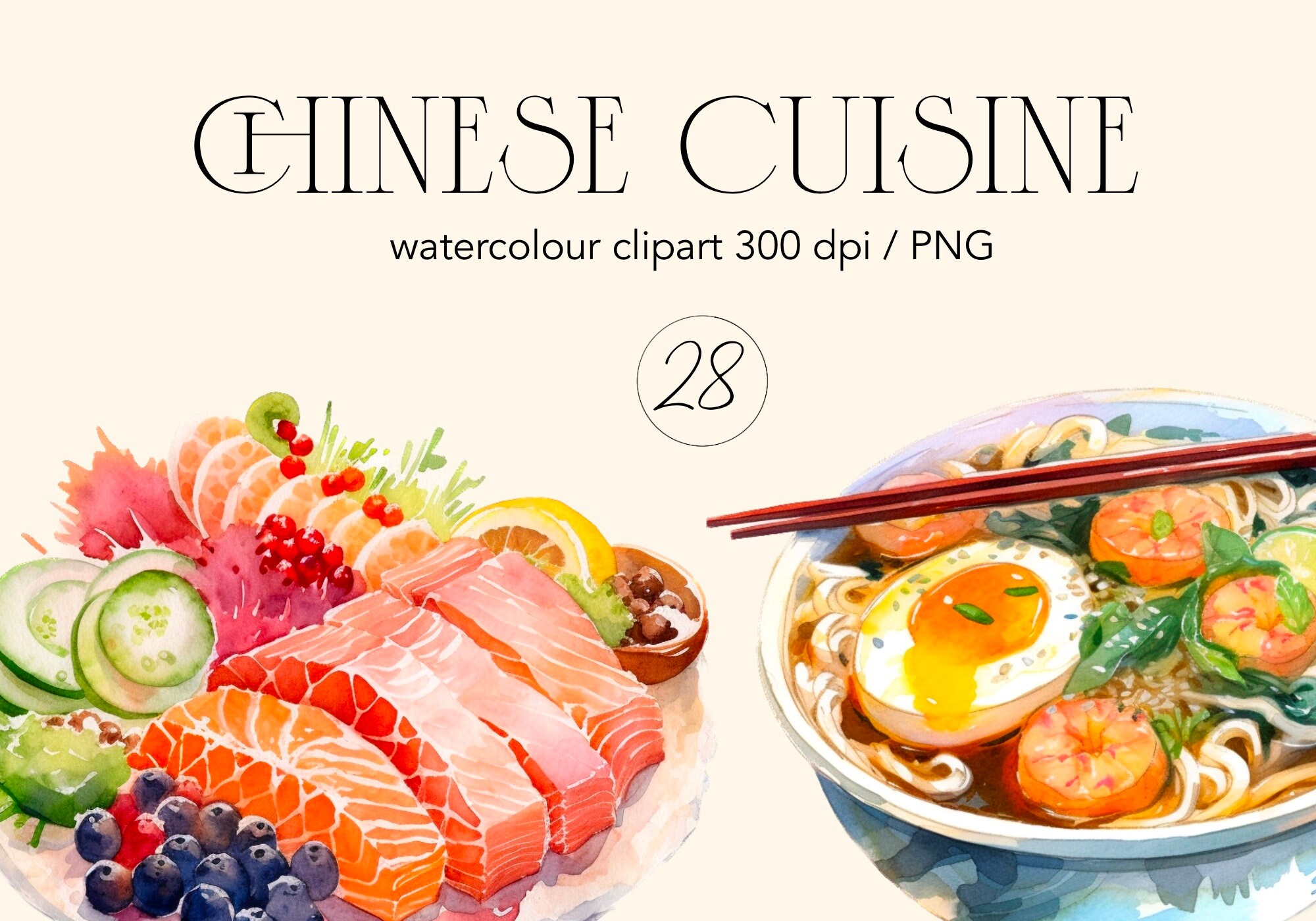 Chinese Cuisine Watercolor Clipart Png Sushi Clipart Digital - Etsy