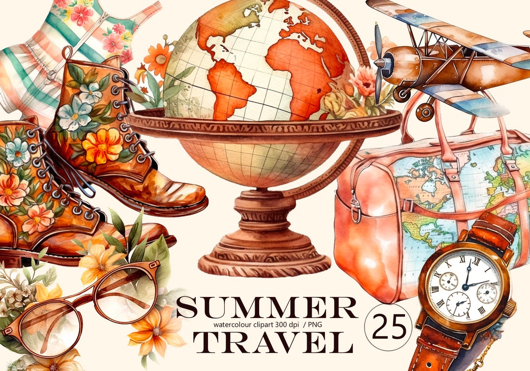 Summer Travel Clipart Watercolor Sublimation Download, Vacation ...