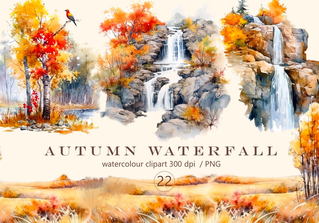 Autumn Waterfall Watercolor Clipart Png, Autumn Landscape, Autumn ...