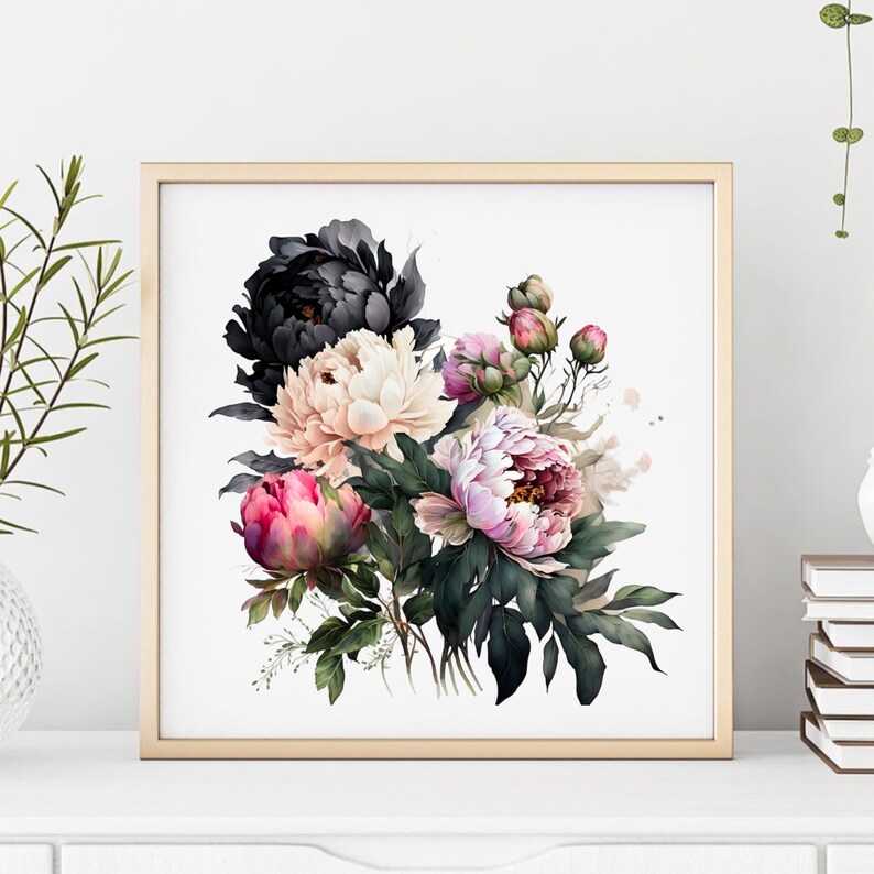 Black Peonies Clipart Watercolor Png Cute Floral Digital - Etsy