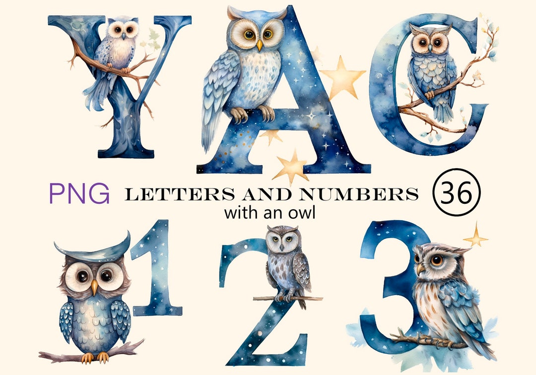 Letters and Numbers With Owl, Alphabet Watercolor Png, 36 Floral ...