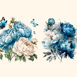 Blue Peonies Clipart Watercolor Png, Cute Floral Digital Print ...
