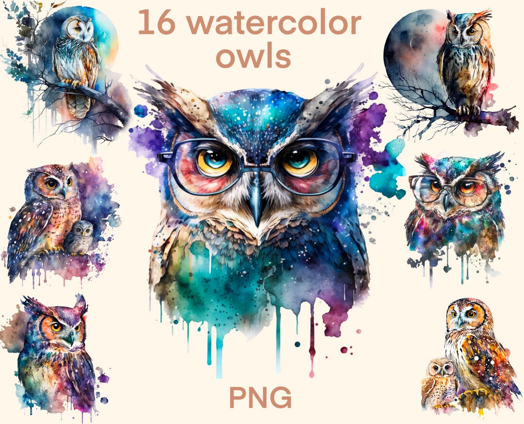 Watercolor Owls Clipart Png, Cute Owl Digital Print, Illustration Set ...