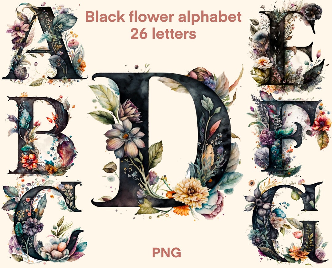 Black Flower Alphabet Watercolor Png, 26 Floral Letters Clipart ...