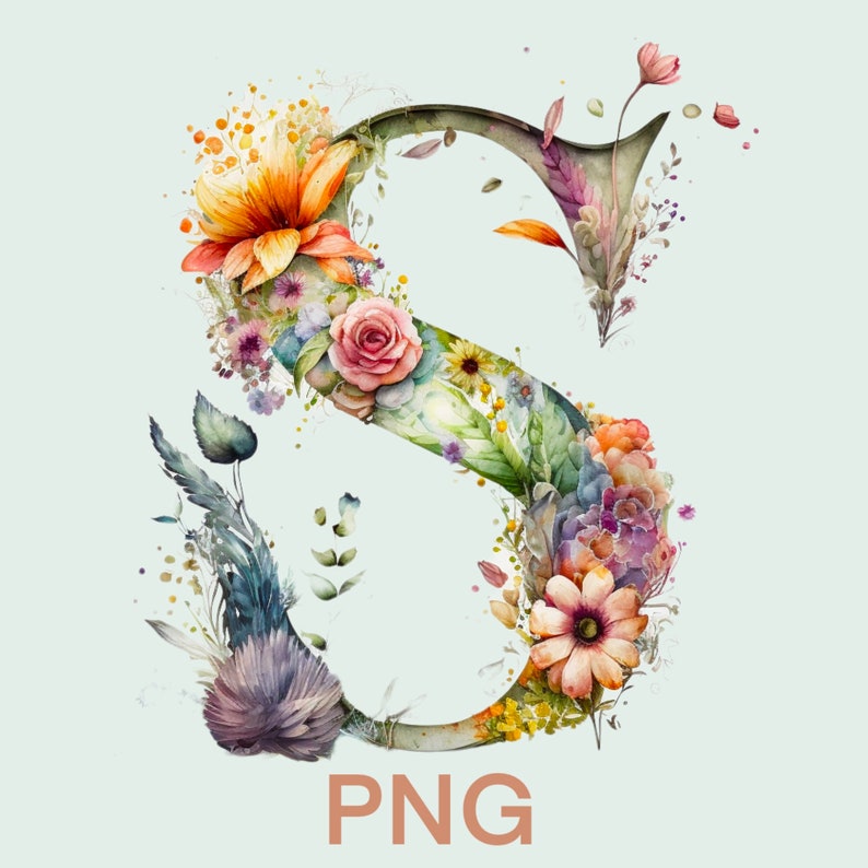 Watercolor Flower Letter S Png Clipart Botanical Letter S - Etsy