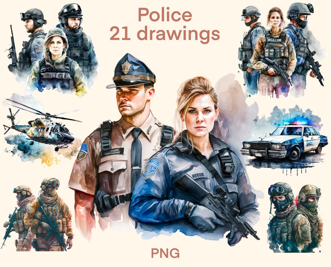 Police Clipart Watercolor, Illustration Set, Stickers, Scrapbook, Junk ...