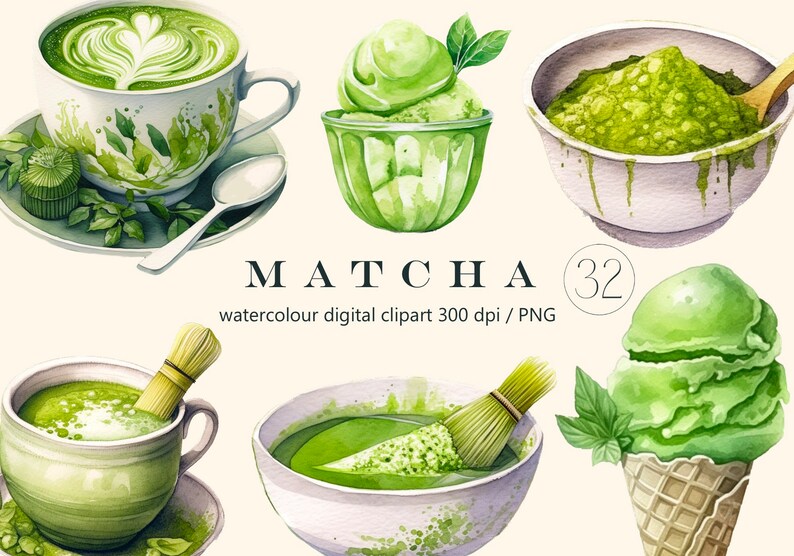 Matcha Green Tea Watercolor Clipart Png Menu for the - Etsy