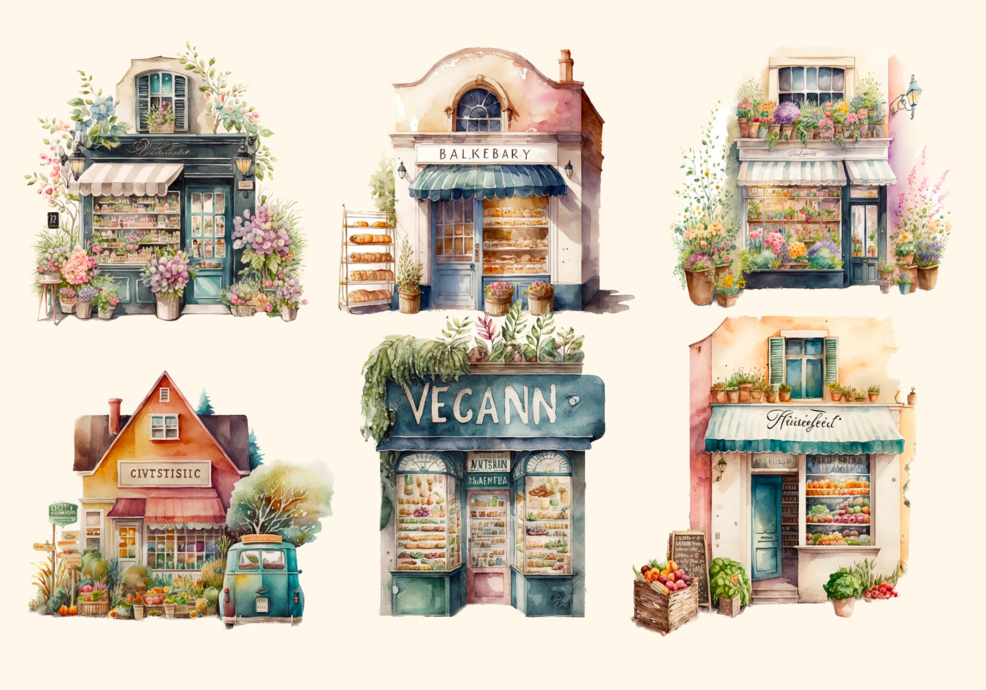 Lovely Shops Clipart Watercolor Digital Print Illustration - Etsy