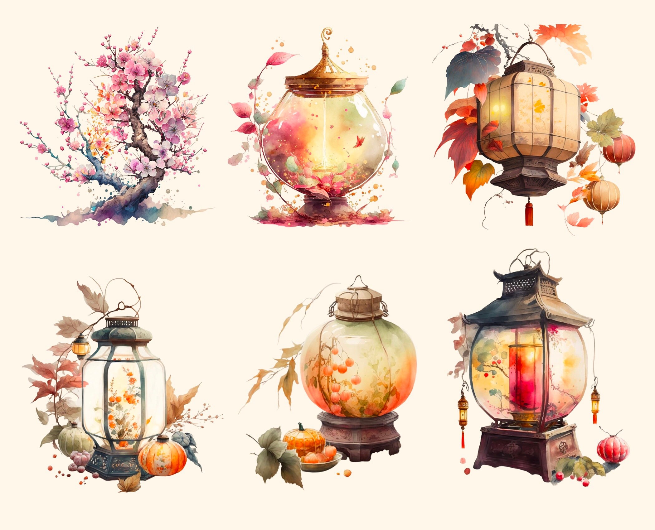 Chinese Lanterns Watercolor Clipart Png Digital Print - Etsy