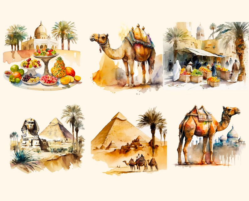 Egypt Watercolor Clipart Sphinx and Pyramids Digital Print - Etsy