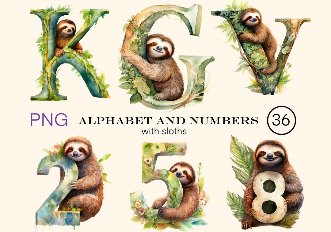 Alphabet and Numbers With Sloths, Animal Watercolor Png, 36 Floral ...